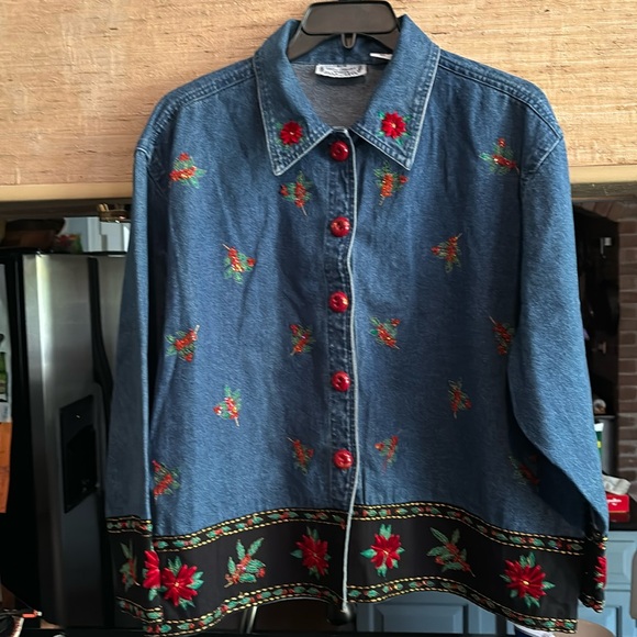 Tops | Sara Studio Woman Poinsettia Holly Button Down Denim Collared ...